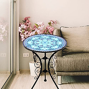 Lifoberstar Small Patio Side Table 21" End Table with 14" Blue Mosaic Glass Top Round Accent Table Bistro Balcony Coffee Tables Plant Stand for Livingroom Bedroom Indoor Outdoor Furniture