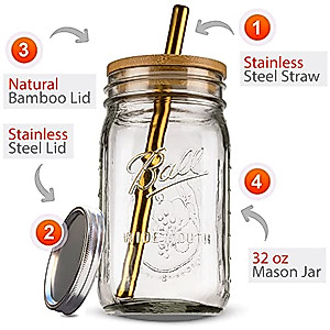 Reusable Boba Bubble Tea & Smoothie Cups - 2 Glass Wide Mouth 32oz Mason Jars with Bamboo Lids - 2 Reusable Gold Stainless Steel Boba Straws