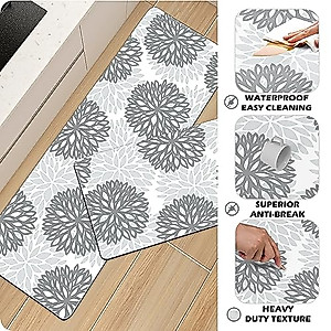 Gray Cushioned Anti Fatigue Kitchen Rugs Set of 2, Waterproof Non Slip, PVC Leather Memory Foam, 17.3''x 28''+17.3'' x 47''