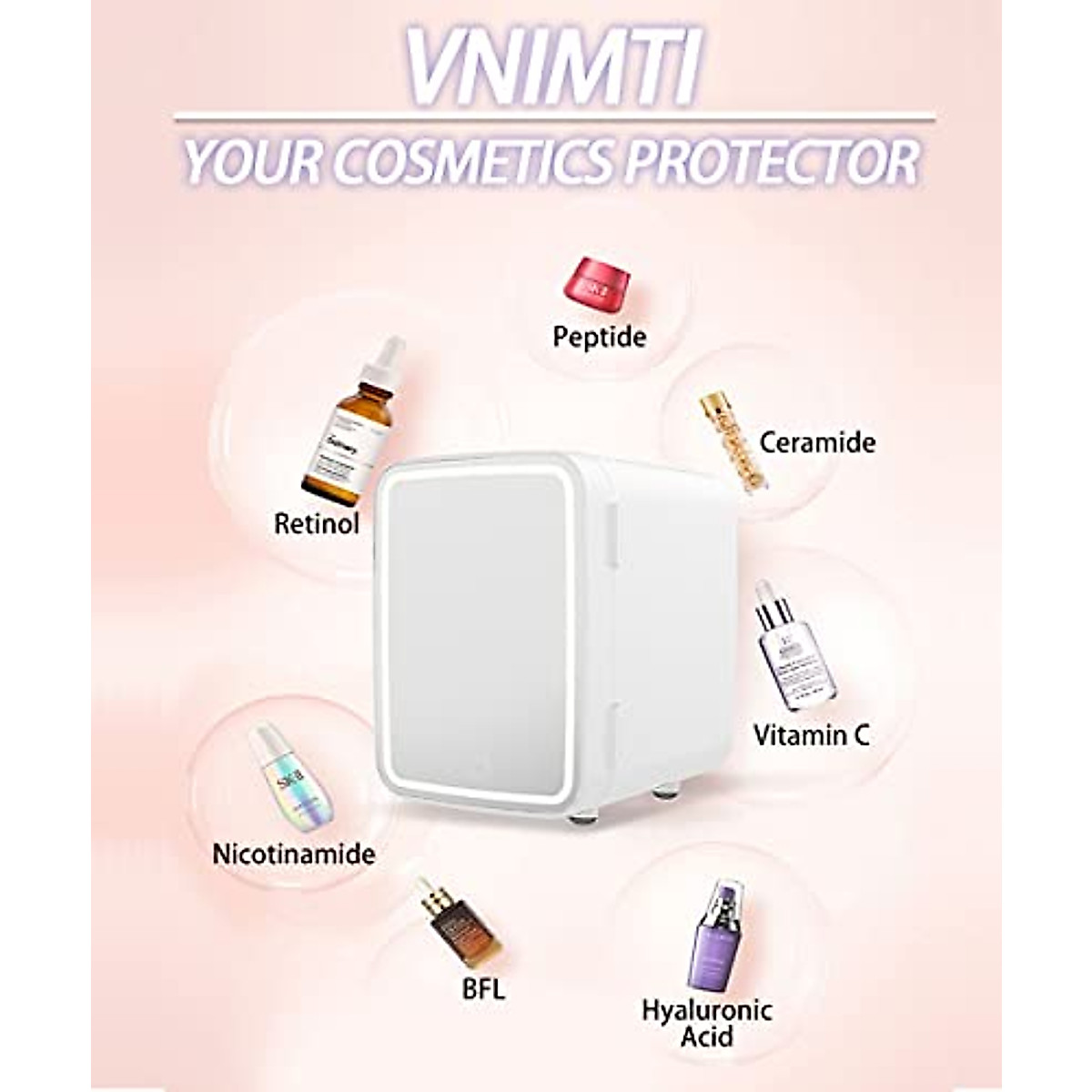 VNIMTI Mini Skincare Fridge 4 Liter/6 Cans, Portable Cosmetic Fridges with Makeup Mirror, Cooler & Warmer, AC & DC, Small Refrigerator for Bedroom, Car, Office, Outdoor (White - 4L)