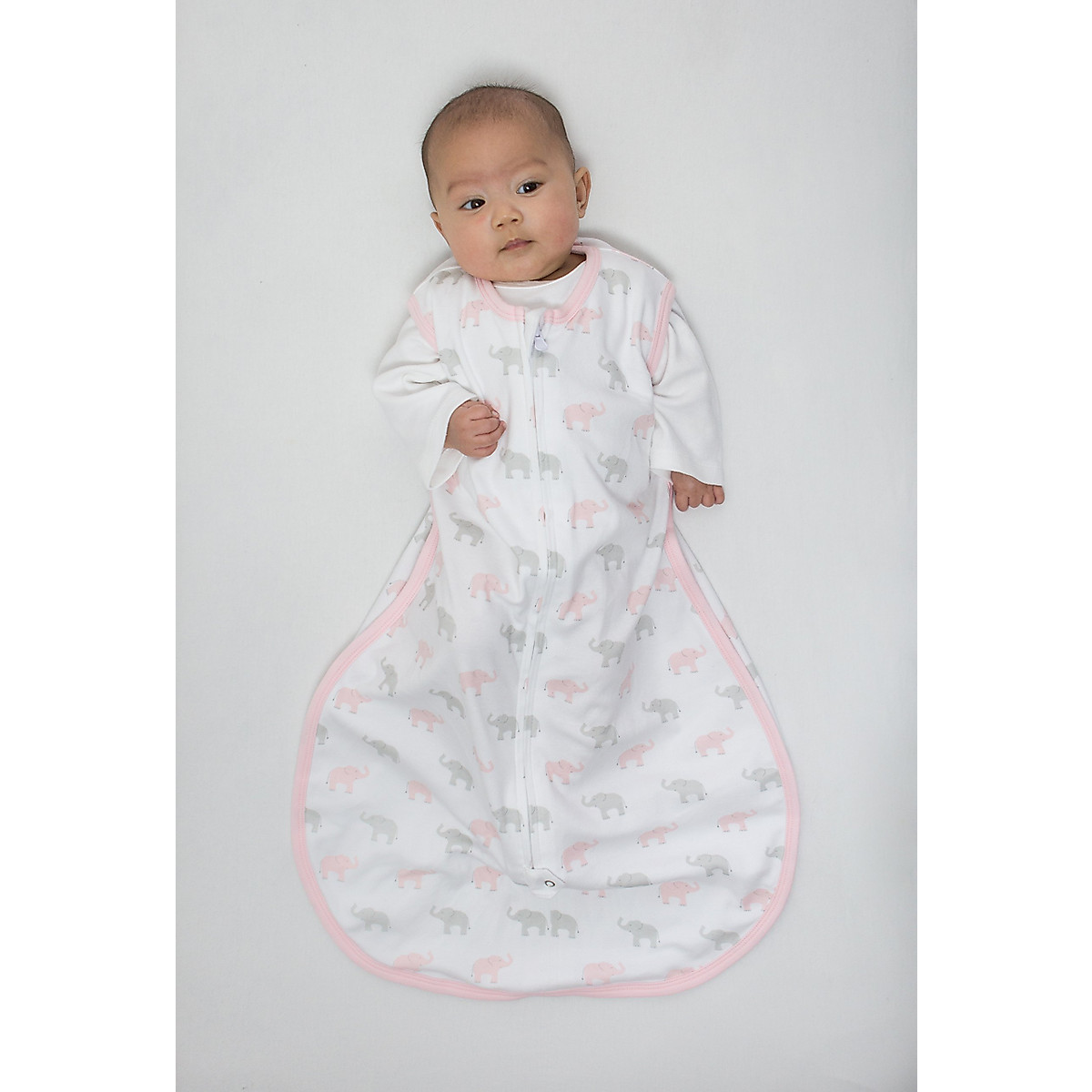 Amazing Baby Cotton Sleeping Sack, Wearable Blanket with 2-way Zipper, Pastel Pink + Gray Tiny Elephants, Small (0-6 mo)