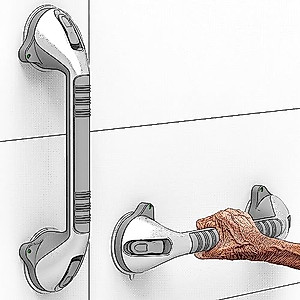 AquaChase 17“ Suction Shower Grab Bar with Indicators, Tool-Free Installation, Steady Handle for Balance Assist for Bathtub, Toilet, Bathroom, Dual Tone, Silver/Gray 2-Pack