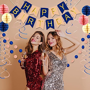Navy Rose Gold Birthday Decorations with Happy Birthday Banner, Honeycomb Balls, Metallic Hanging Swirls and Circle Parper Garland, Birthday Decorations for Women