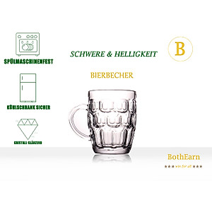 BothEarn 1 Pint Dimpled Beer Mug Set of 2 - Heavy British Pub Thick Glass with Handle - Stein Cup for Beer Lover in Home Party BBQ