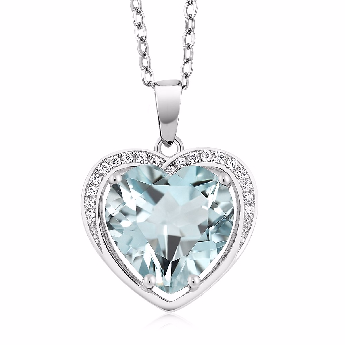 Gem Stone King 925 Sterling Silver Simulated Aquamarine Pendant Necklace For Women (3.00 Cttw, Heart Shape 10MM, With 18 Inch Silver Chain)