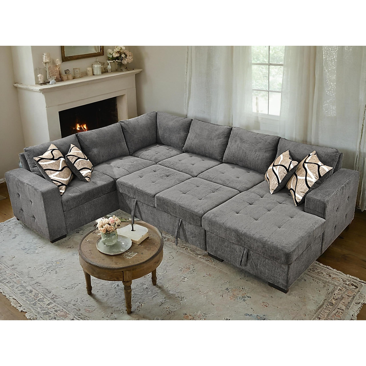 THSUPER Sectional Sleeper Sofa Bed with Storage Chaise, U Shape Oversized Sectional Couch with Pull Out Bed for Living Room, 6 Seater Dark Gray