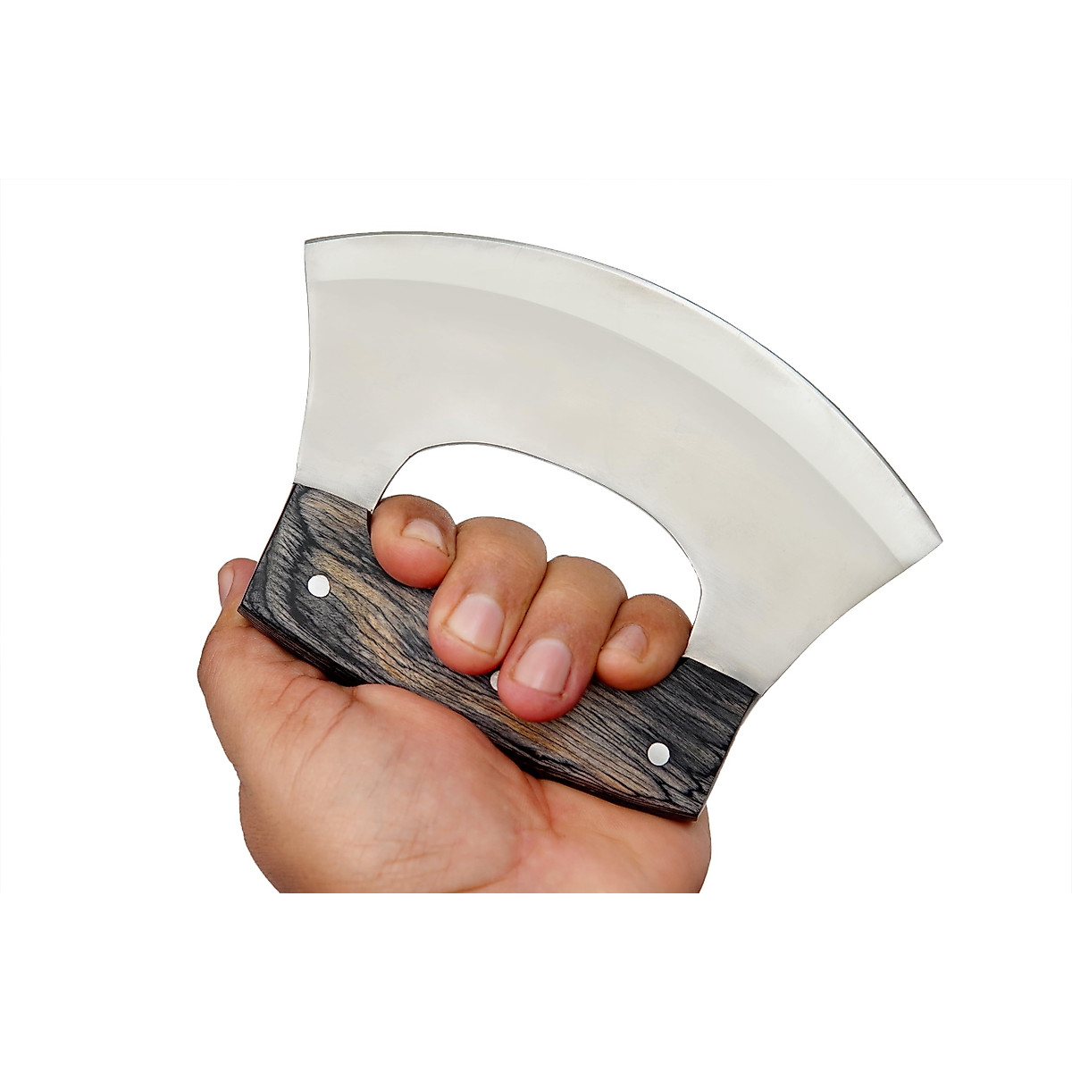 WARIVO KNIFE Handmade Ulu Knife Pizza Cutter Rocker Knife Mezzaluna Knife with sheath Rocker Boning Knife for Slicing, Chopping, Camping, Outdoor, Kitchen (Wooden Handle)