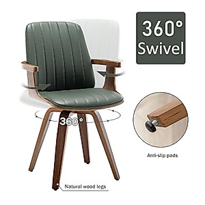 MCM Dining Chairs, Set of 2 Faux Leather Dining Chairs with Walnut Craftsmanship, Upholstered Faux Leather, Wooden Arms and Legs, Green Leather Dining Chair for Kitchen/Living Room (Green, Swivel)