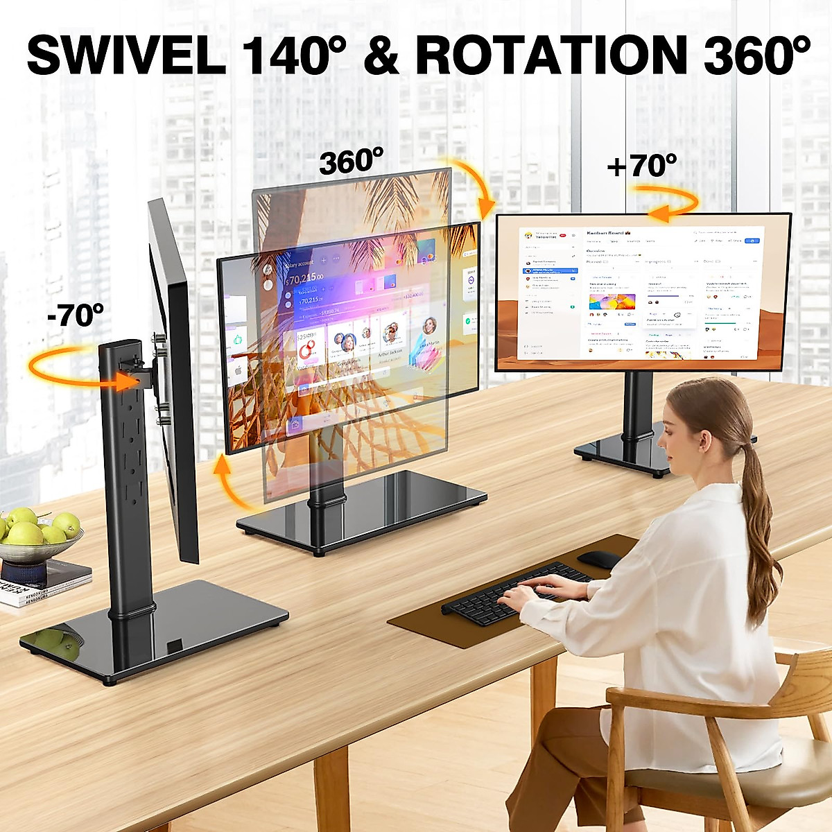 Single Monitor Stand VESA Mount for 13-32 Inch Screens, Free-Standing Monitor Riser with Swivel Tilt Rotation Height Adjustable, VESA Monitor Mount up to 44lbs, VESA 75x75，100x100mm