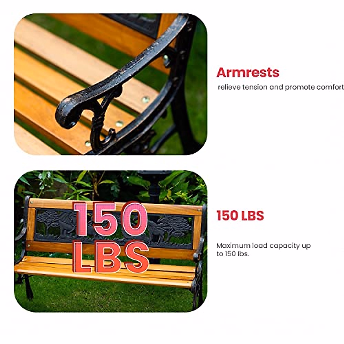 Metal Outdoor Bench Patio Bench Cast Iron Steel Frame Garden Bench Patio Furniture Chair Outdoor Wood Bench w/Animal Pattern Design Backrest, Wood Slatted Seat for Yard, Porch, Bronze