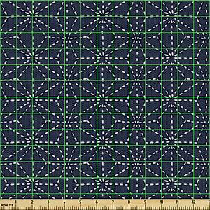 Lunarable Japanese Fabric by The Yard, Oriental Motifs with Dotted Lines Geometric Shapes on Blue Shade Backdrop, Decorative Fabric for Upholstery and Home Accents, Indigo and White
