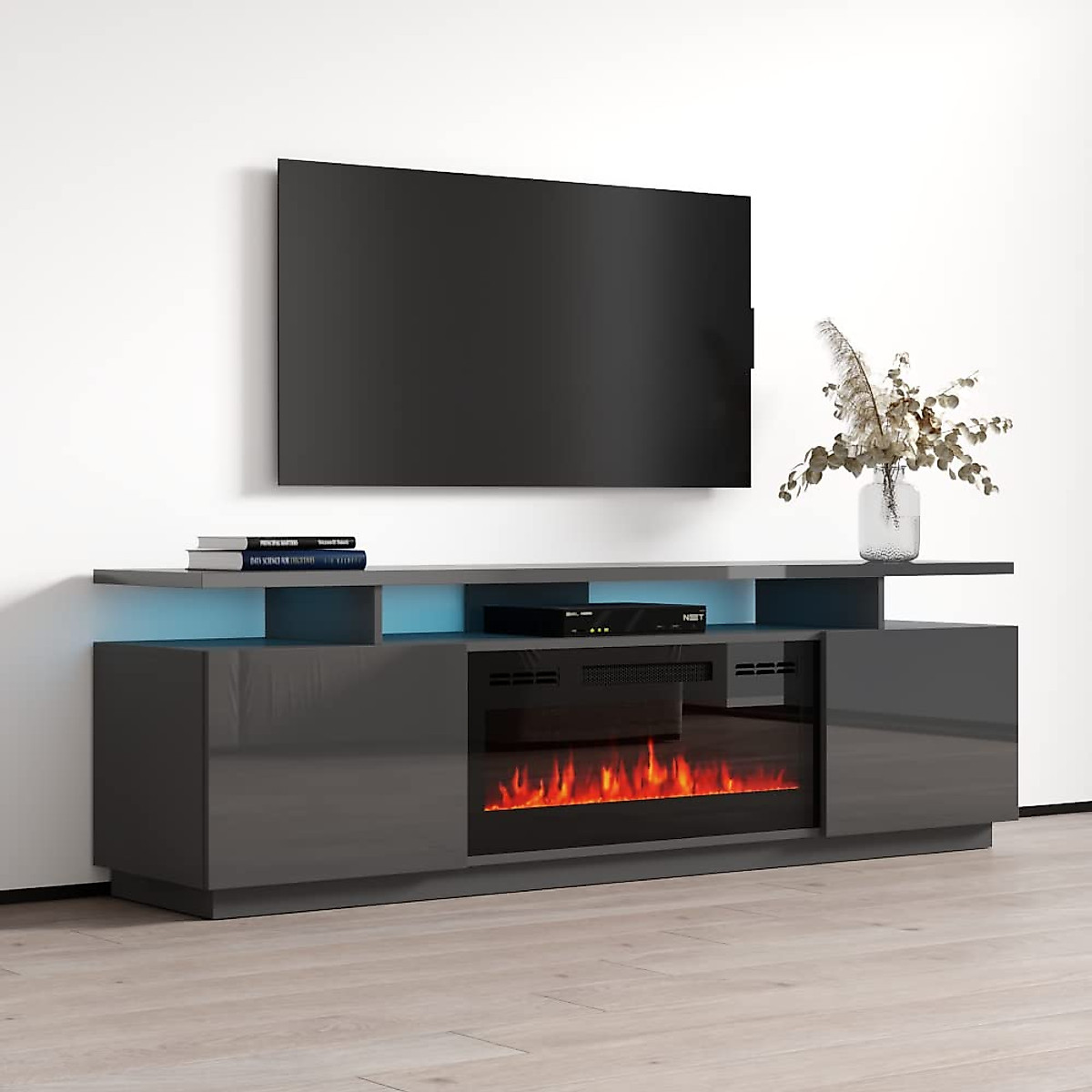 Eva-KBL Fireplace TV Stand for TVs up to 80", Modern High Gloss 71" Entertainment Center, Electric Fireplace TV Media Console with Storage Cabinets and LED Lights