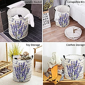 Laundry Basket Purple Lavender Dragonfly Hampers for Laundry Room/Dorm/Nursery Collapsible Clothes Hamper with Handle Waterproof Storage Baskets for Bedroom/Bathroom 16.5x17in