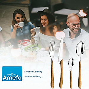 Amefa Eclat Nature Wood Pattern Handle 18/0 Flatware Set - Brown - 24 Piece Place Setting - Service for 6 -Fork Knife Spoons (2) - Amefa Wooden Cutlery Set - Flatware Set - Silverware Set