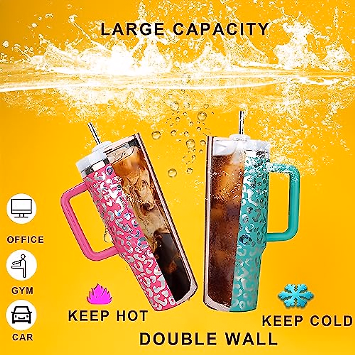 Sekirou 40 oz Tumbler with Handle and Straw Lid, Large Insulated Quencher Stainless Steel Metal Water Bottle, with Leak Proof Lid, Metal Straw and Flexible Straw Tip (A-Eucalyptus Green)