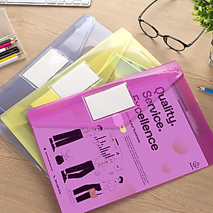 Sooez 10 Pack Plastic Envelopes Poly Envelopes, Clear Document Folders Plastic File Folders US Letter A4 Size File Envelopes with Label Pocket, Assorted Color