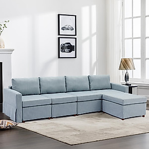 LIADTOP 4 Seater Module 1 Ottoman,Mid Century Modern Sectional Sofa Couch,for Living Room Bedroom Studio,Light Blue