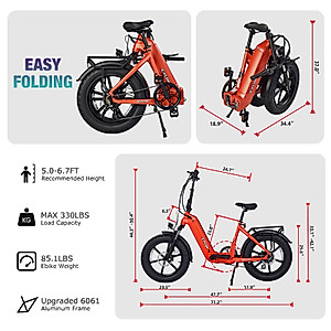Young Electric Bike E-Flow 750W Peak 1000W Folding Ebike, Up to 90Mi 28MPH, 48V/20Ah Hidden Battery, 20''x4.0'' Fat Tire Step-Through Fast Cargo EBike for Adult, Commute Moutain E-Bike (Radio Orange)