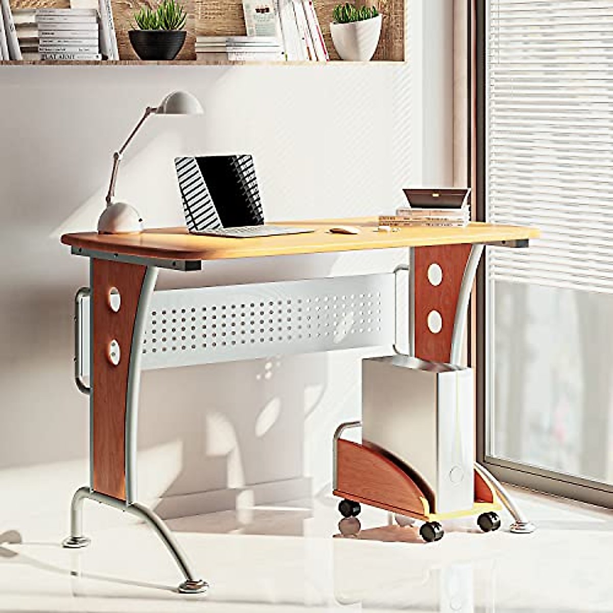 TECHNI MOBILI Modern Computer Desk With Mobile CPU Caddy. Color: Dark Honey