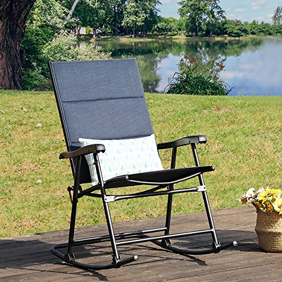 NATURAL EXPRESSIONS Folding Patio Rocking Chairs,Outdoor Oversized Textilene & 3D Mesh Fabric Rocker with High Back Hard Armrest,Portable Rocking Chair for Garden, Backyard, Porch, 300lb