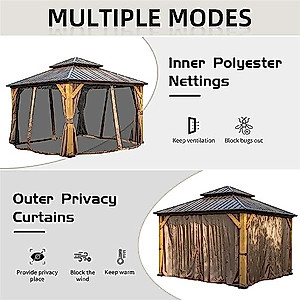 UBGO Hardtop Gazebo12x12ft,Outdoor Permanent Metal Pavilion with Galvanized Steel Double Roof,Outdoor Cedar Wood Frame Canopy with Curtains and Netting for Patio,Backyard and Lawn(Brown)