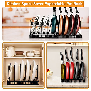 Pots and Pans Organizer,Expandable Pot Rack Organizer for Cabinet, Pot Lid Organizer Holder with 10 Adjustable Compartment Pans Holder for Kitchen Cabinet Cookware Baking Frying Rack Bake Ware Storage