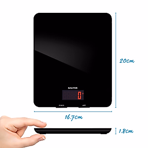 Salter Digital Platform Seen on TV, Stylish Glass Design, Electronic Cooking Scale for Home + Kitchen, Weigh Food 5kg + Liquids in ml and fl. Oz, 5 kg Capacity, Black