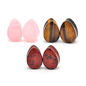 Mystic Metals Body Jewelry Set of 3 Pairs Teardrop Stone Plugs - Tiger Eye, Mahogany Obsidian, Rose Quartz (3/4" (19mm))