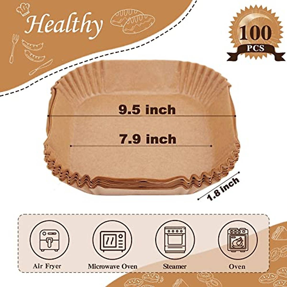 Square Air Fryer Disposable Paper Liner, 100pcs 7.9 inch Air Fryer Liners Disposable, Unbleached Parchment Paper for Air Fryer, Baking, Microwave Oven, Non-Stick & Oil-proof