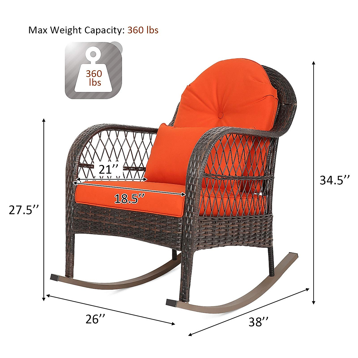 Tangkula Outdoor Wicker Rocking Chair, All- Weather Rattan Armchair w/Heavy-Duty Steel Frame, Patio Glider Rocker Chair w/Thick Cushions & Lumbar Pillow for Poolside, Garden, Porch, Backyard