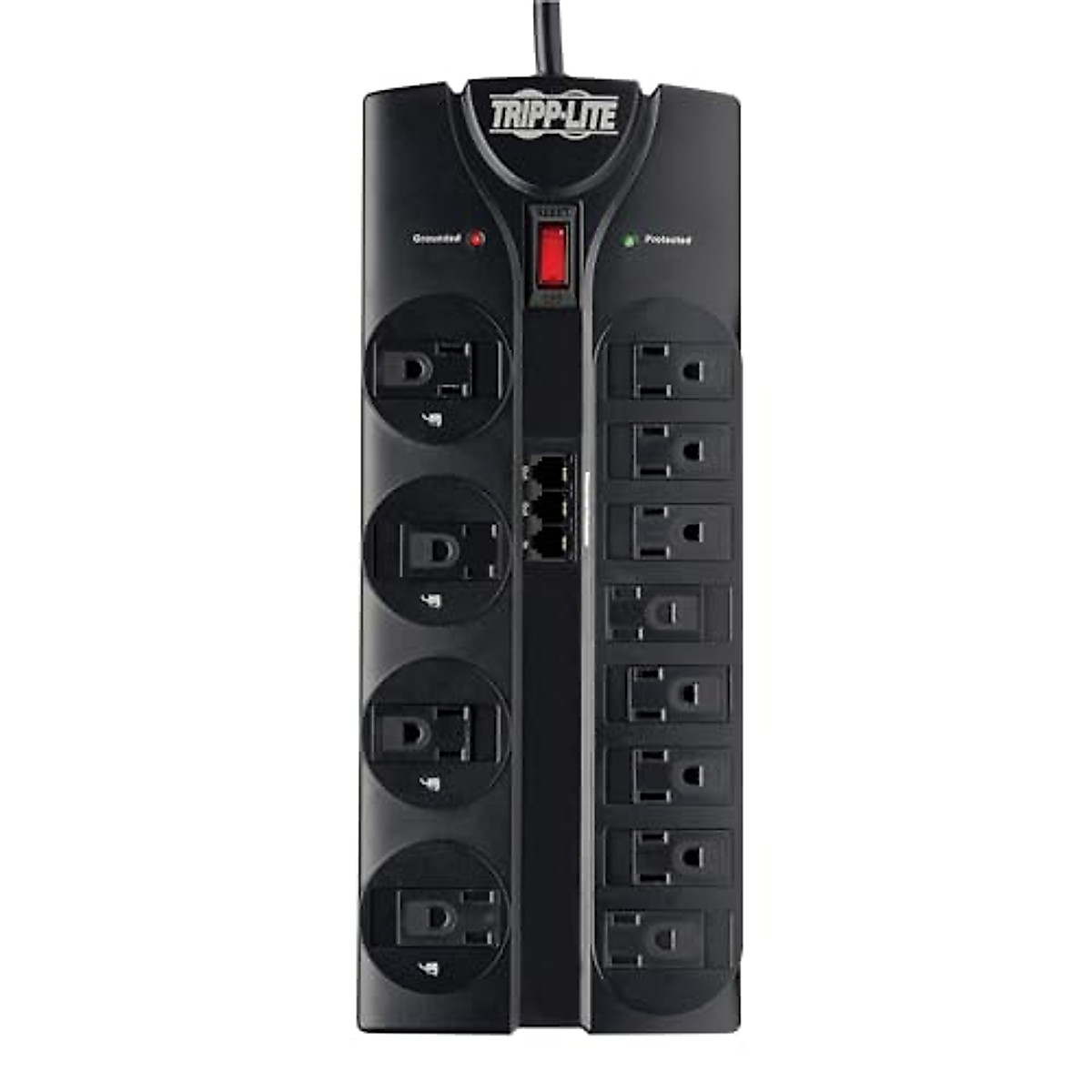 Tripp Lite 12 Outlet Surge Protector Power Strip, 8ft Cord, Right-Angle Plug, Tel/Modem Protection, RJ11, $150,000 Insurance (TLP1208TEL), Black