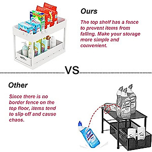 Bengenta Under Sink Organizers and Storage,2-Tier Sliding Cabinet Basket Organizer Drawer with Hooks,Pull Out Under Cabinet Storage for Bathroom Kitchen(white)