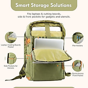 Chef Knife Bag with Leather Knife Roll Holds 10 Knives-Travel Friendly Tool bag backpack with USB Charging Port- Ample Storage Knife Carrying Case w/Back Pocket for Laptop-Sturdy & Stylish Chef Bag