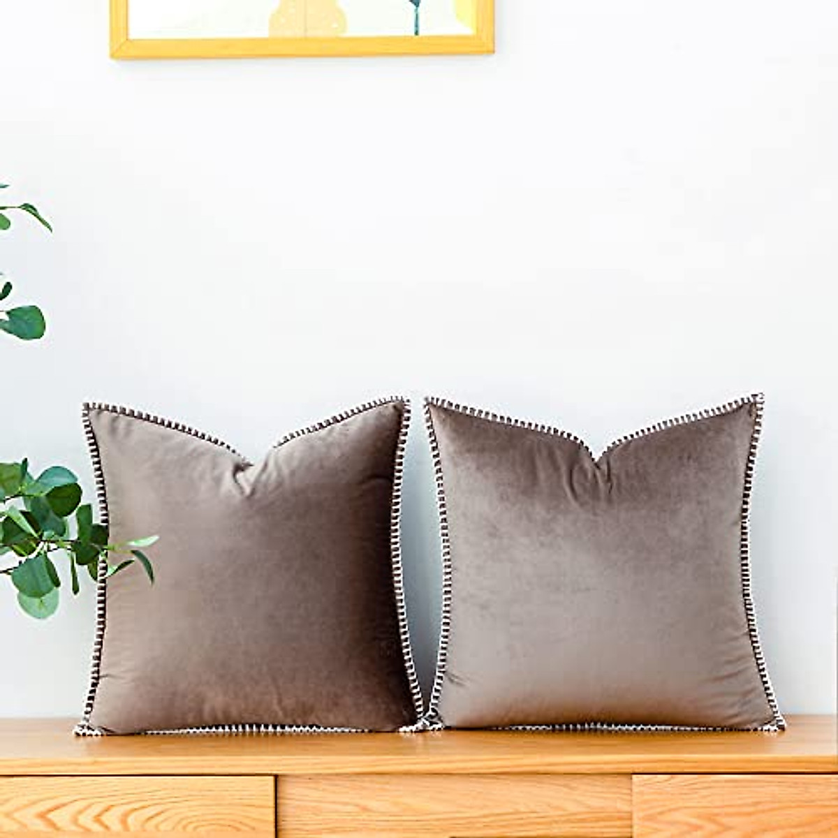 GAWAMAY Gray Throw Pillow Covers 16x16 Inch Soft Teal Velvet Pillow Cover with Modern Chenille Edge, Winter Farmhouse Decorative Pillow Caces for Holiday Living Room Sofa Couch Beding (40x40cm)
