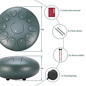Tongue Drum, 12 Inch 11Notes Steel Tongue Drum Percussion instrument with Drum Mallets Carry Bag, 2 Drumsticks And Textbook (Green)