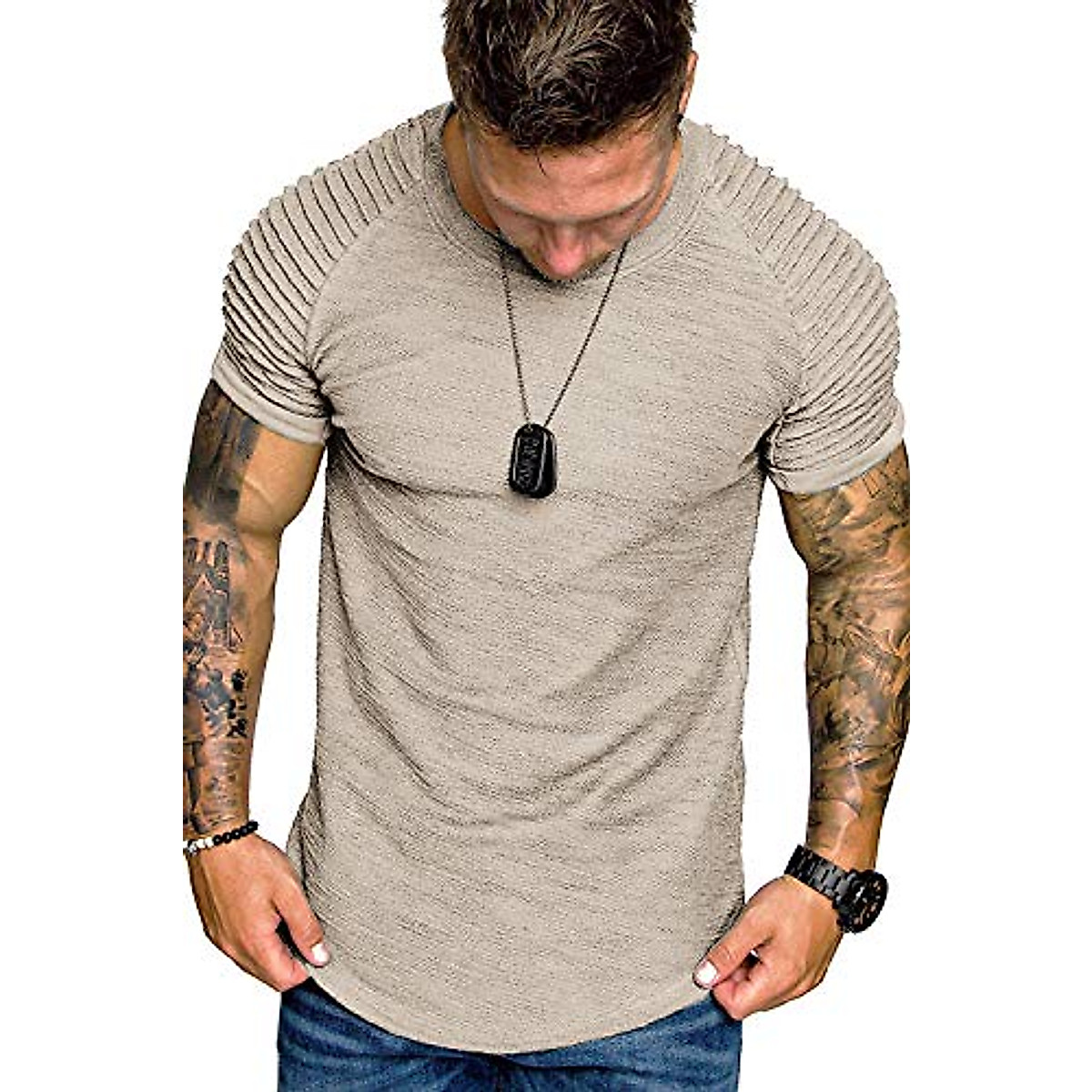 COOFANDY Mens Stylish Gym Tee Fashion Workout Muscle Shirt Khaki M