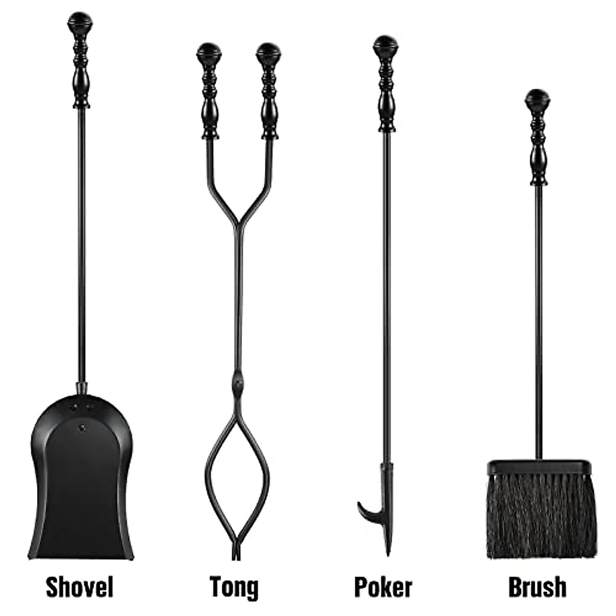 ATiyyo 5 Pieces Fireplace Tools Sets Wrought Iron Firewood Kit with Handle Durable Tool Set and Holder for Fire Pit Stand Indoor Tong Shovel Poker Brush Firewood Accessories (Black)