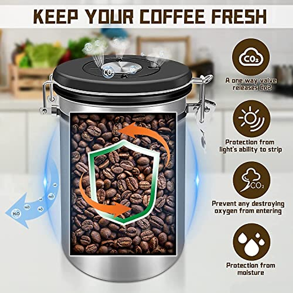 Samyoung Coffee Canister Airtight, Stainless Steel Container for 635g/22.8oz Coffee Beans,Large 1800 ml Tea & Coffee Storage Jars with co2 Valve, 30ml Measure Spoon and 70 ml Mini Travel Jar