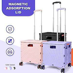 Foldable Utility Cart Collapsible Portable Tool Cart with Wheels Tote Basket,176LBS Load Capacity,Magnetic Lid Telescopic Cover with 360° Wheels Telescoping Handle for Grocery Laundry Luggage,Purple