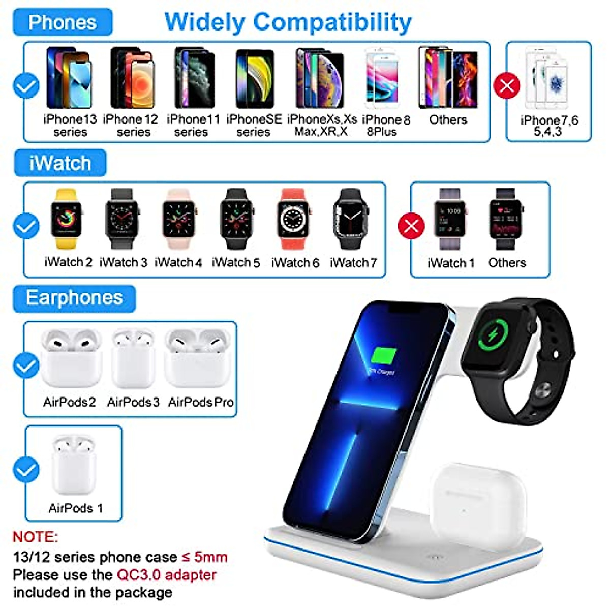 Charging Station for iPhone Multiple Devices, Foldable 3 in 1 Fast Charging Stand Dock for AirPods 3/2/1/Pro & iPhone 6-14 Series, Apple Watch Charger for Apple Watch Series with Adapter