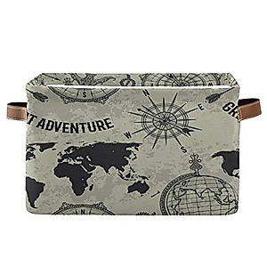 Storage Basket Cube Nautical Compass World Map Large Collapsible Toys Storage Box Bin Laundry Organizer for Closet Shelf Nursery Kids Bedroom,15x11x9.5 in,1 Pack