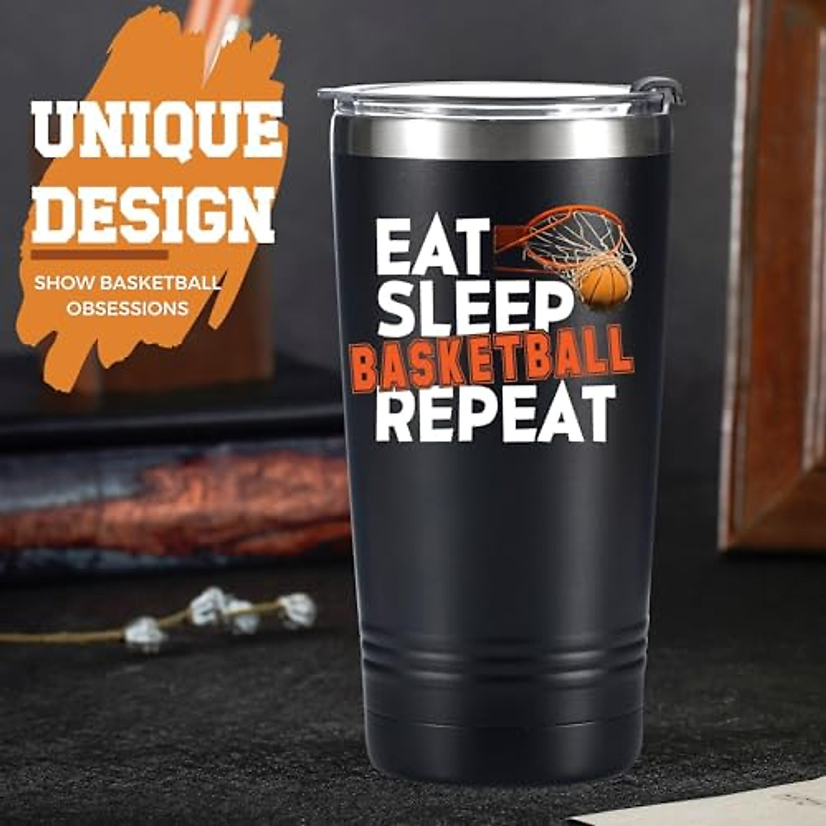 Onebttl Basketball Lovers Gifts, Basketball Gifts for Coach, Men, Dad on Birthday Christmas, 20oz Stainless Steel Tumbler - Eat Sleep Basketball Repeat, Black