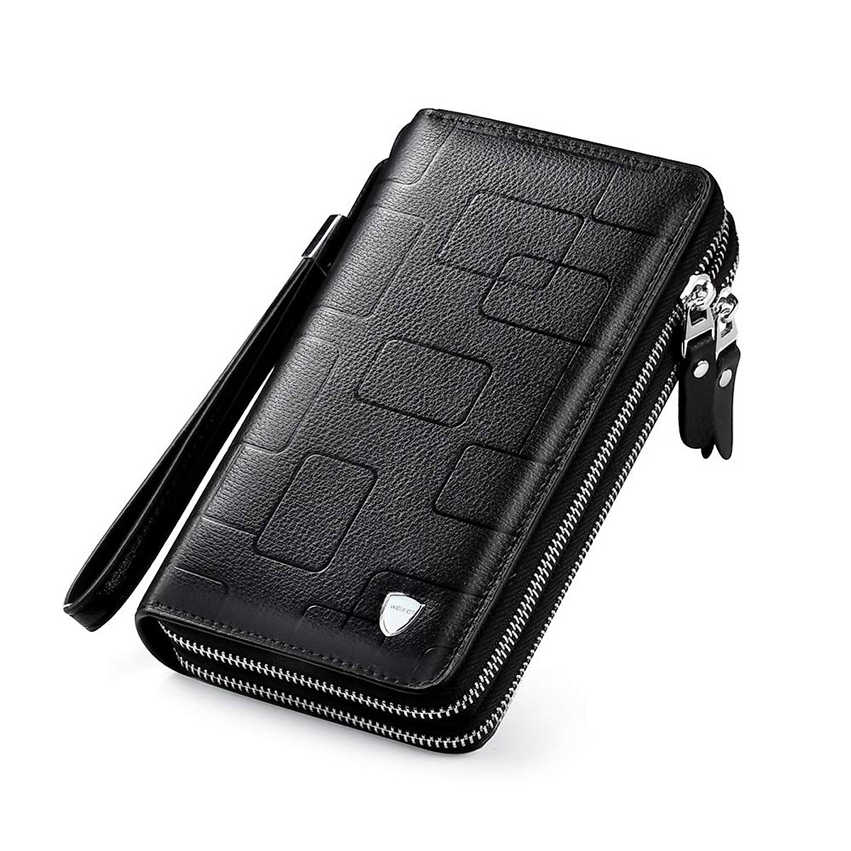 WEIXIER Men's Clutch Handbag Leather Long Zip Wallet,Double zipper black