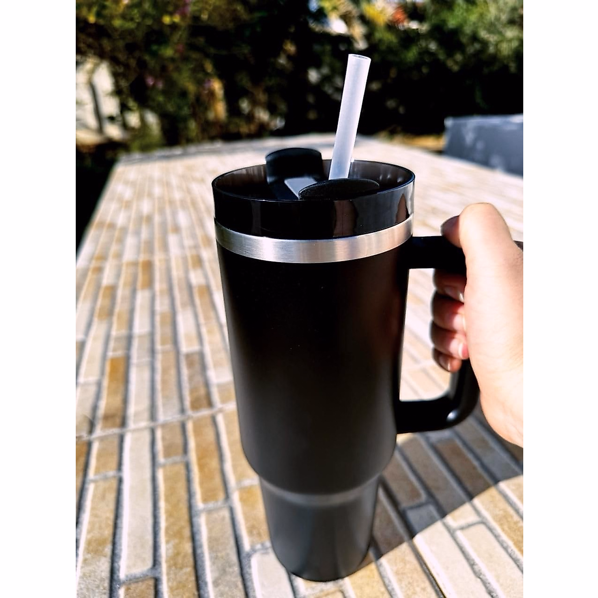 40 oz Tumbler with Handle and Straw, Black Insulated Travel Mug Iced Coffee Cup, Reusable Stainless Steel Insulated Water Bottle, Keeps Drinks Cold for 24 Hours, Dishwasher Safe, BPA Free, Large