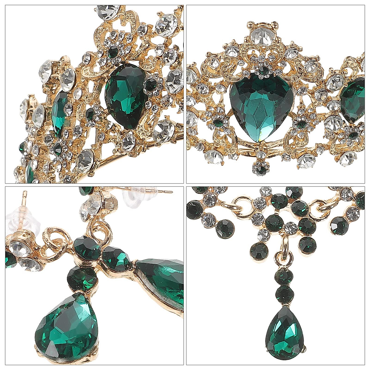 Generic Wedding Bridal Flower Jewelry Set Baroque Tiara Crystal Crown with Comb Retro Rhinestone Necklace Earrings Bridesmaids Queen Costume for Prom Party ( Green )