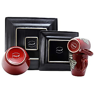 Elama Stoneware Dinnerware Collection, 16 Piece, Red with White Flower Accents