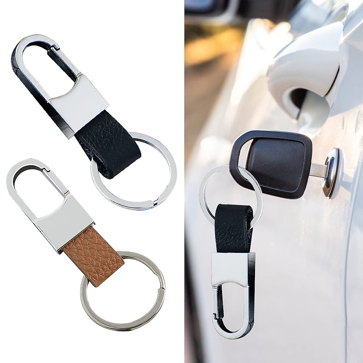 Leather Keyring Car Key Chain Ring Car Smart Keychain Key Holder Fob Clip on Belt Loops for Women, 4PCS Keychain Clip (Black)