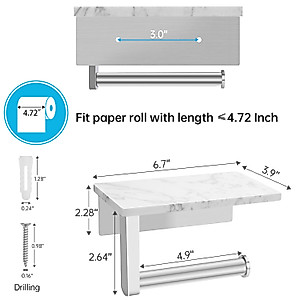 Hronta Toilet Paper Holder with Marble Shelf, SUS304 Stainless Steel Wall Mounted Toilet Paper Holder and 2PCS Adhesive Hooks for Bathroom Washroom, Marble Top Toilet Paper Holder Brushed Nickel