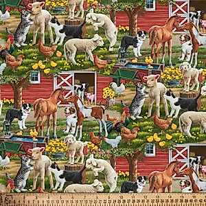 DAVID TEXTILES Farm Animals Make Barnyard Friends Digital Cotton Fabric by The Yard