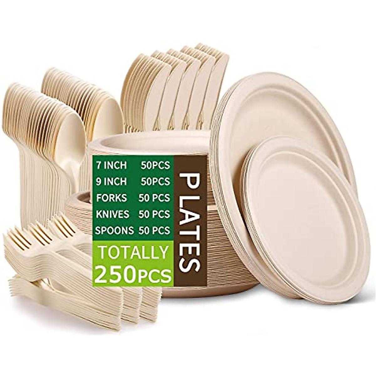Paper Plates Heavy Duty,Paper Plates Set,Dinner Plates Set,Sugarcane Disposable Paper Plates Set Eco,9 Inch and 7 Inch Party Plates,Forks,Knives and Spoons Set for 50 People [250 PCS]